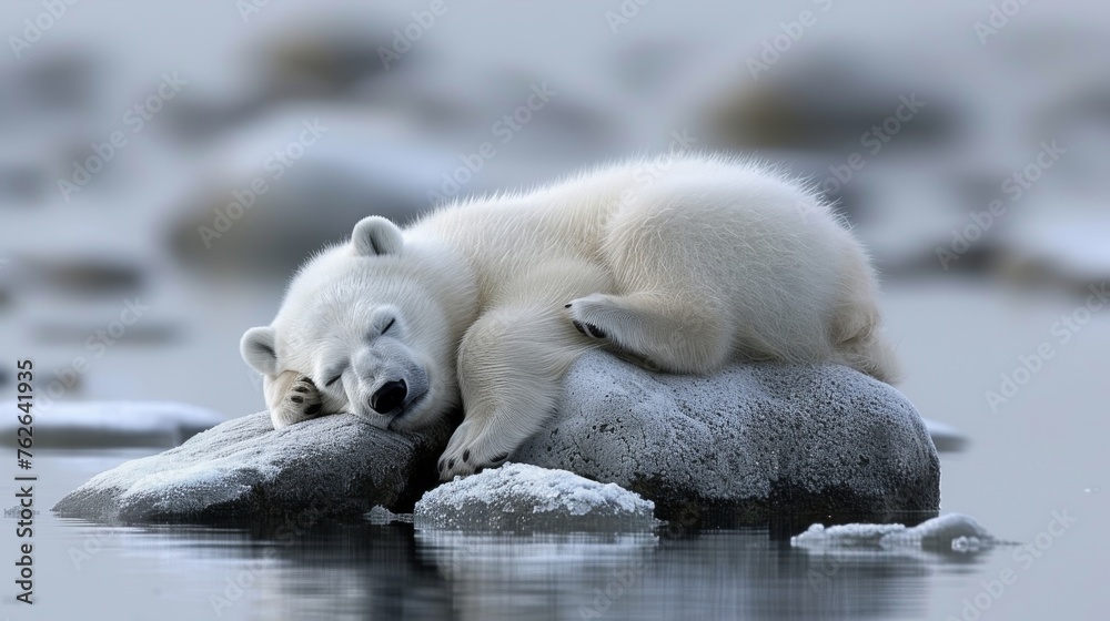 A polar bear resting atop a rocky outcropping beside a water body atop ...