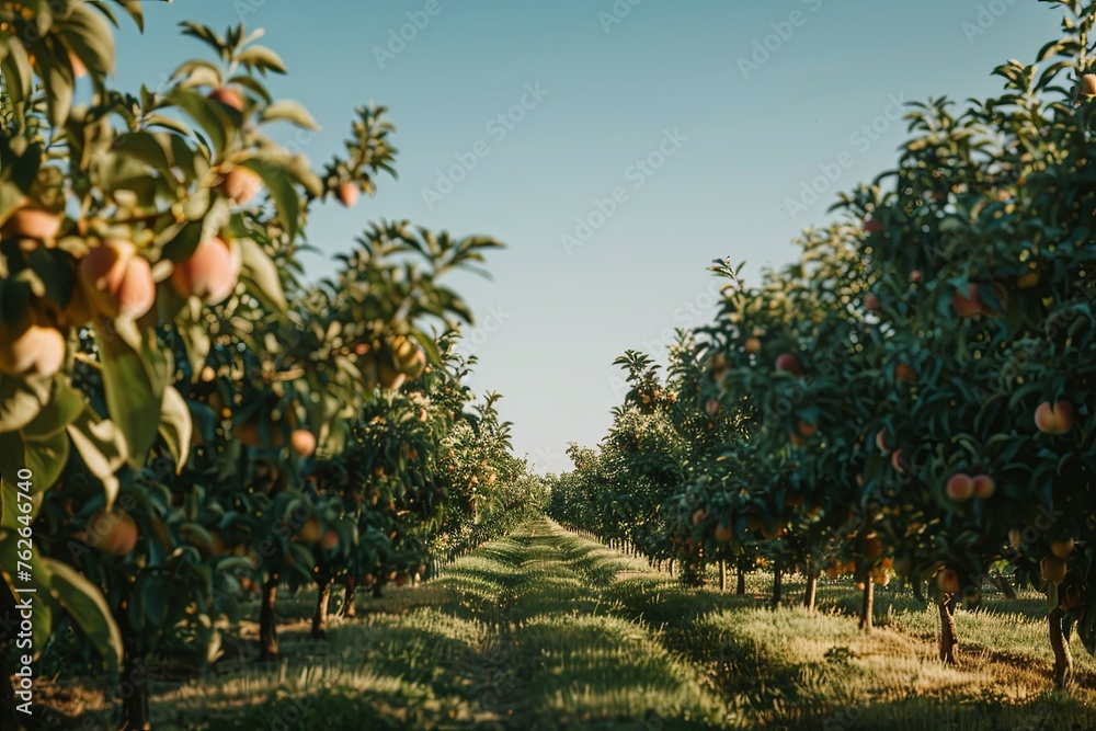 The golden hour sun filters through rows of peach trees, casting a warm ...
