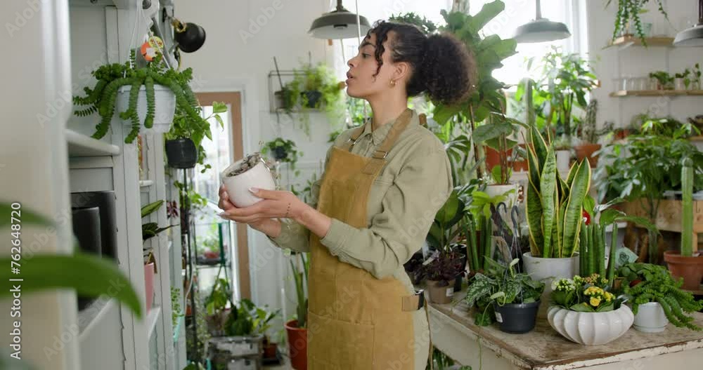 Plant shop Owner reaching for a Plant on Shelf for a Customer order ...