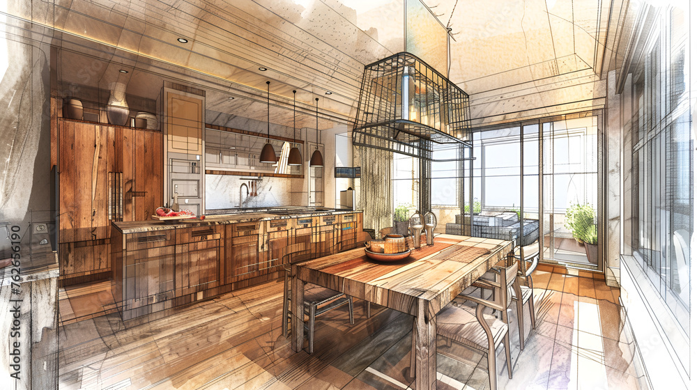 An illustration of a luxury kitchen design with a large gray island ...