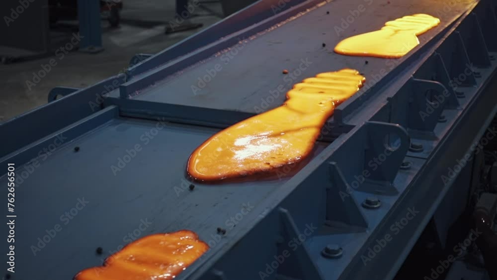 Molten Steel Slabs Cooling Down While Sliding On A Conveyor Machine ...