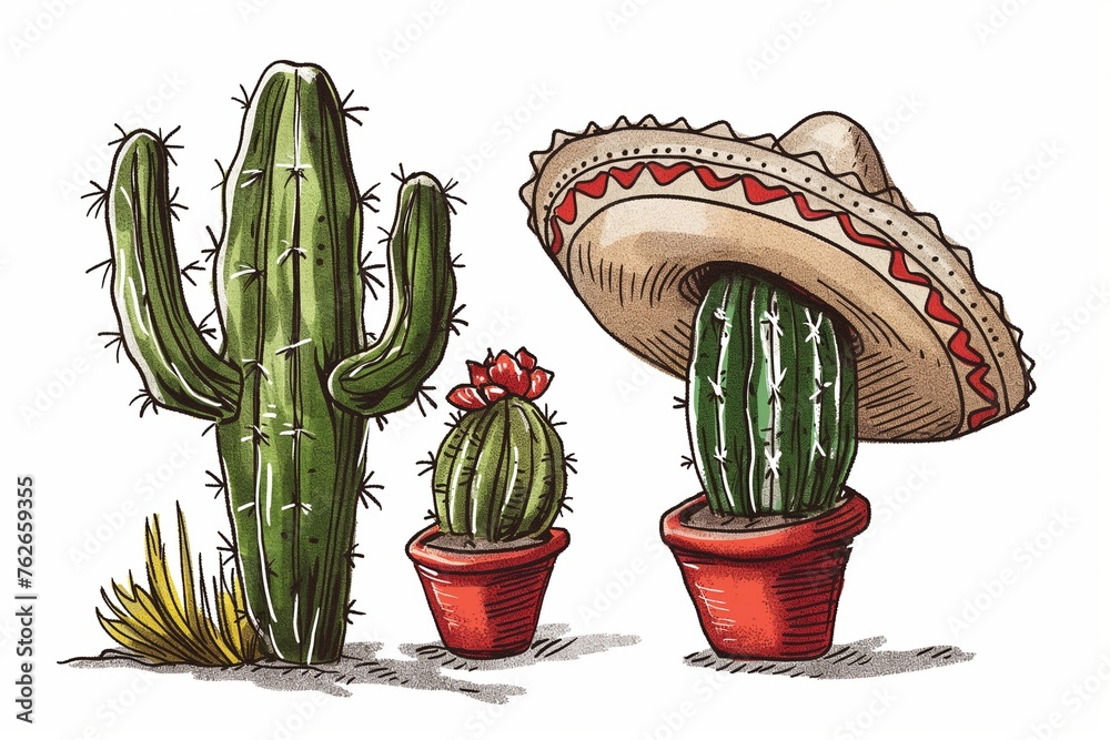a cactus and a Mexican cap on it hand drawn illustration, a Mexican ...