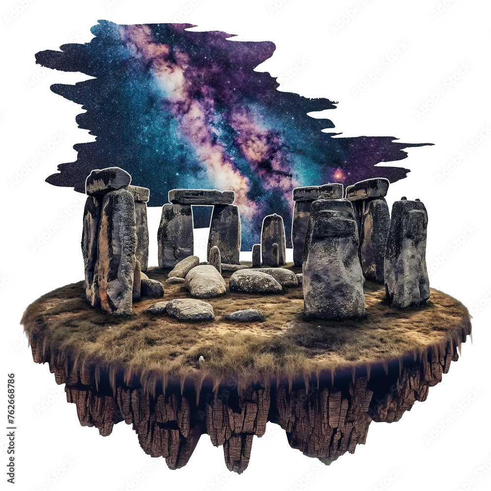 Stonehenge with a night sky and Milky Way, digital illustration on a ...