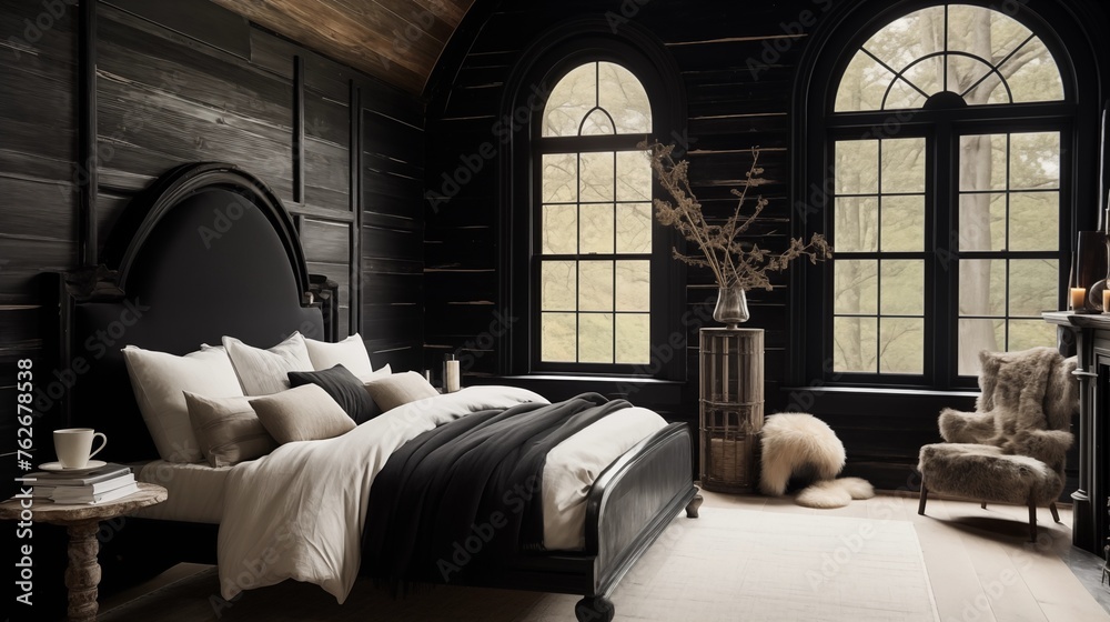 Edgy black bedroom with shiplap walls, antique bed frame, and large ...