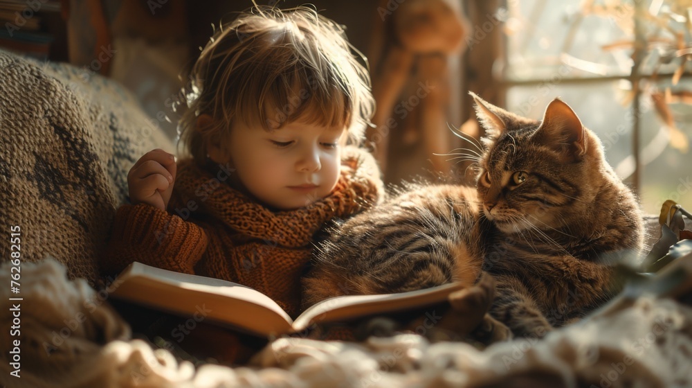 A cozy living room scene where a young child reads a storybook aloud to ...