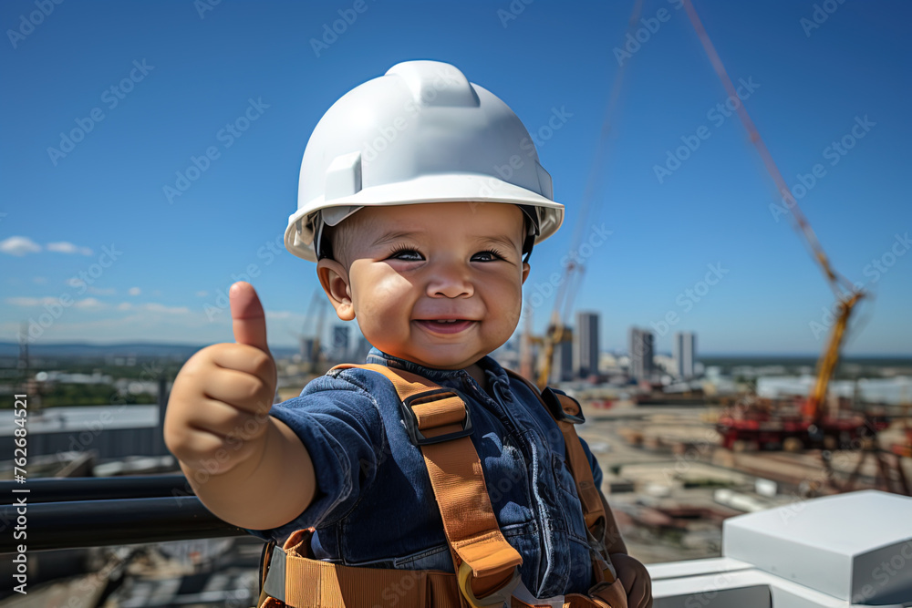 Little child engineer in white safety hardhat showing thumbs up as sign ...