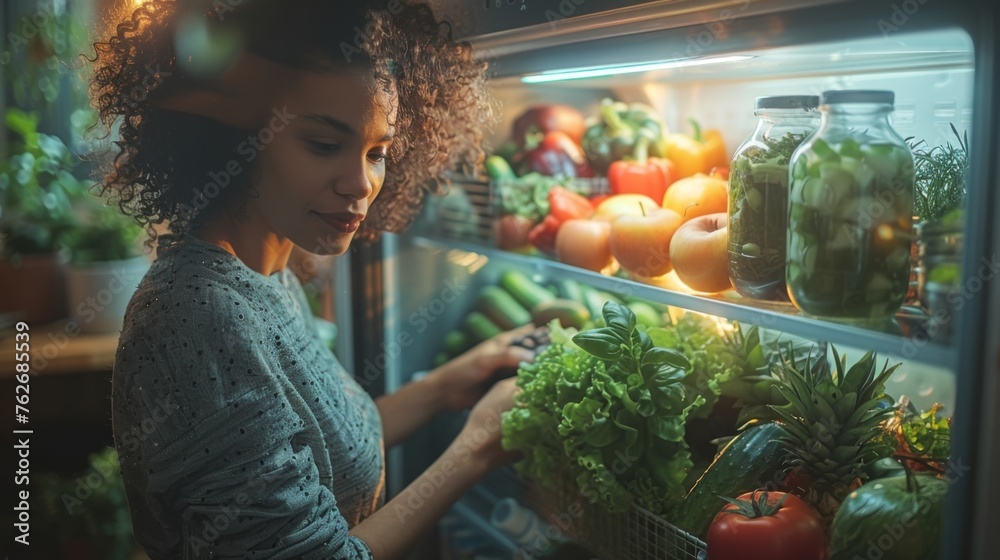 A person standing before their open fridge, which is equipped with a ...