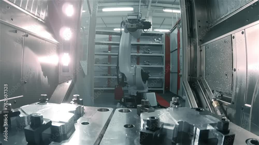 Robot arm machine is operating at the industrial facility. Hi-tech ...