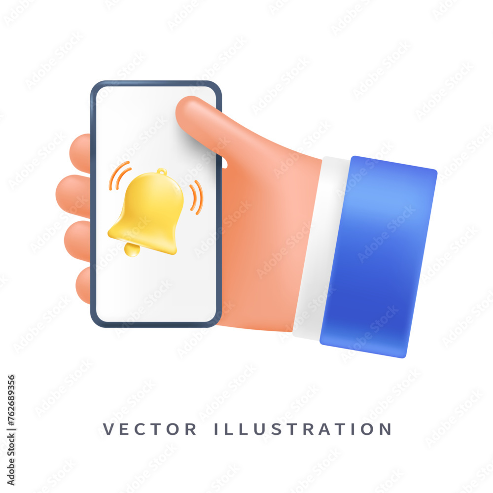 Bell ringing, message or phone call, phone in the user's hand, 3d style ...