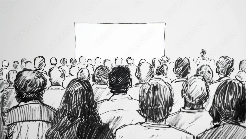 A black and white ink drawing of people in the crowd, seen from behind ...