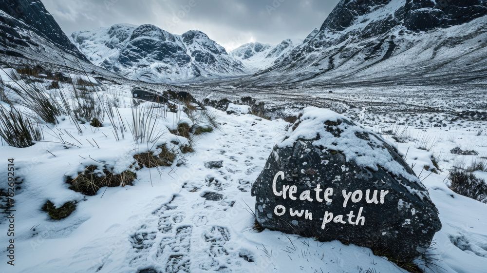 A winter landscape featuring a rugged path with a rock inscribed with ...