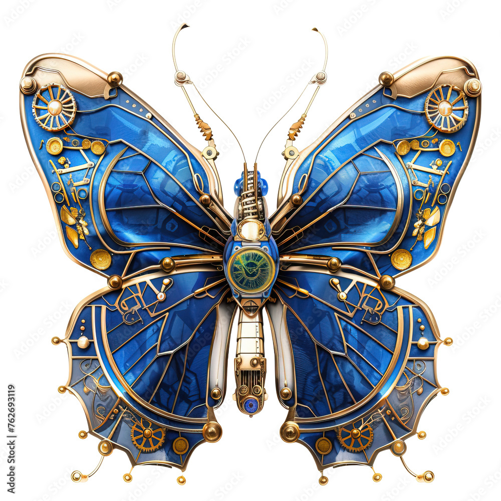 Blue and golden robotic steampunk butterfly as mechanical cyber animal ...