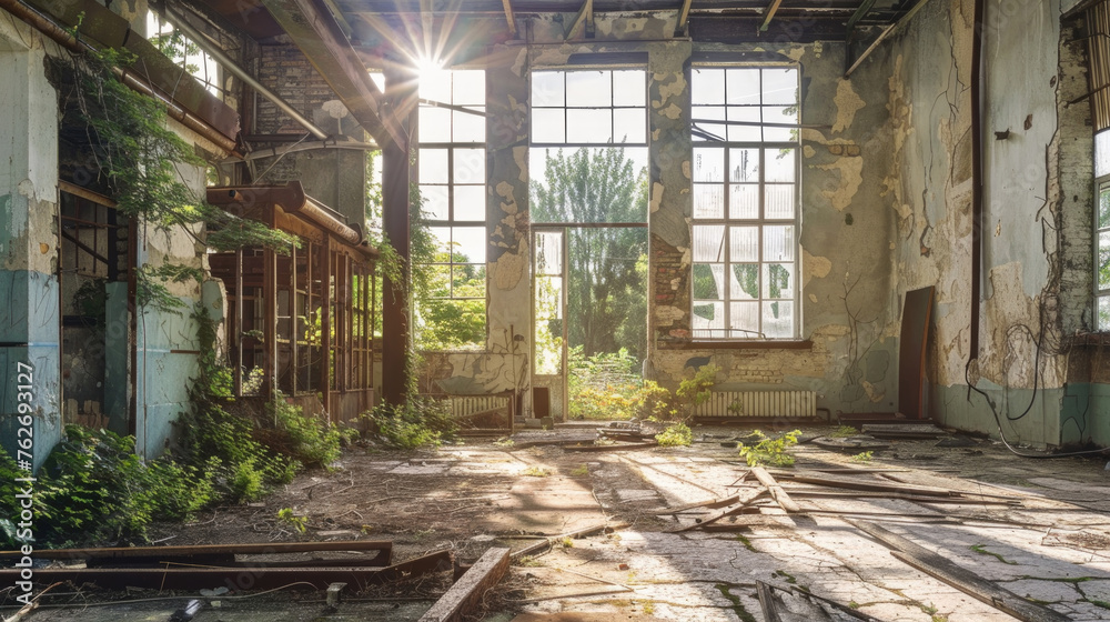 Dilapidated building with a high number of windows, showing signs of ...