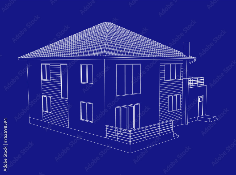 3D suburban house model. Drawing of the modern building. Cottage ...