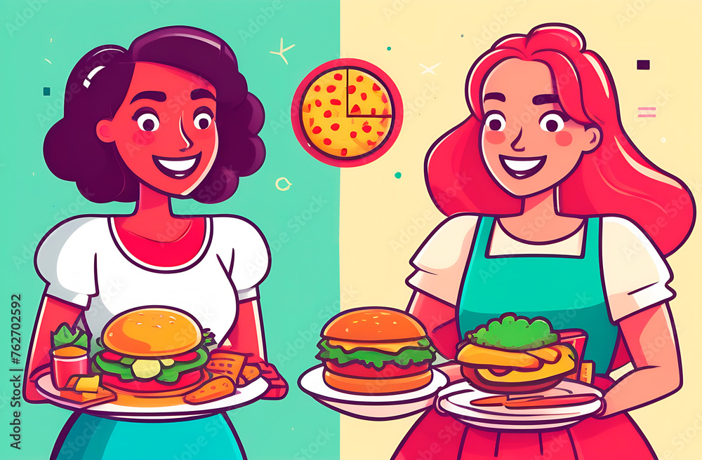 Woman choosing between healthy and unhealthy food concept flat vector ...
