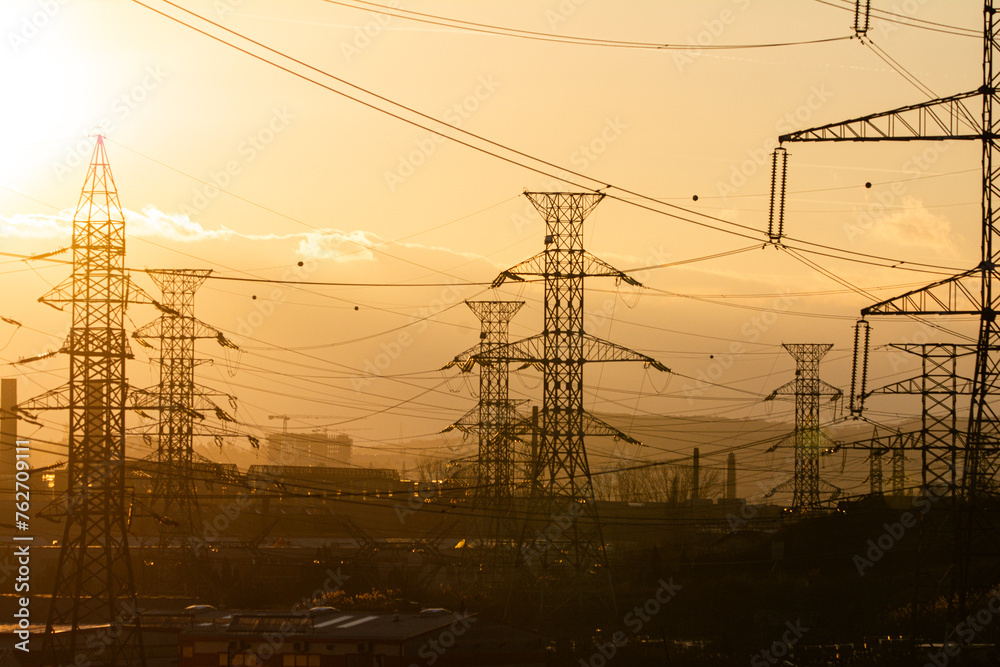 Electrical substation on the sunset background. Power substation and ...