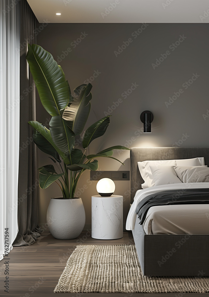 Modern bedroom interior with bed, marble bedside table and potted plant ...