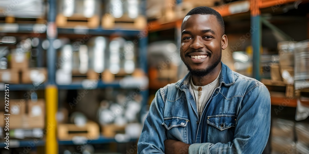 Happy warehouse worker posing in front of shelves and forklift at ...