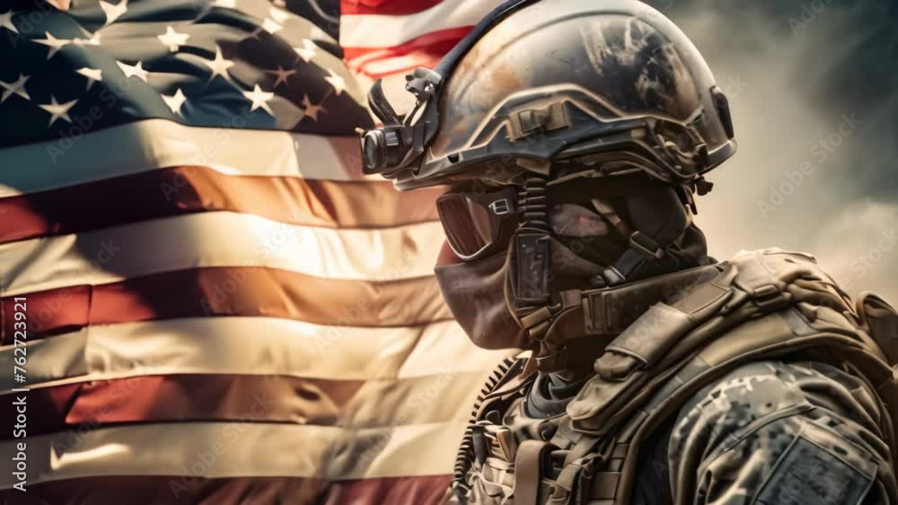 United States of America soldier in full gear with USA flag on ...