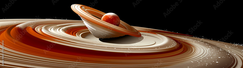 Orange and tan abstract rings gracefully encircle a spherical form ...