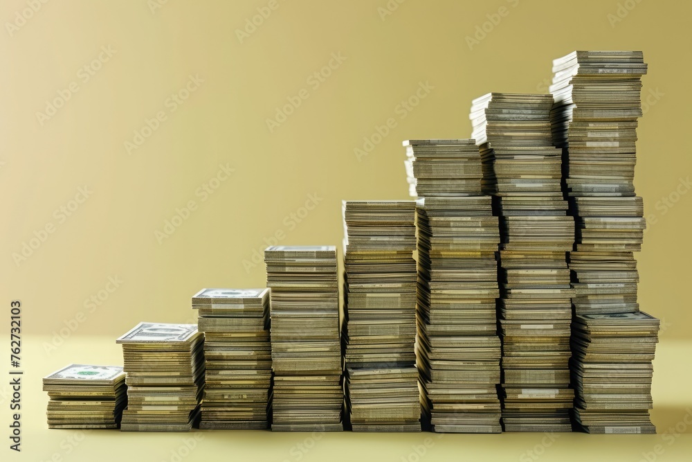 A photograph depicting a stack of money neatly placed on top of a table ...