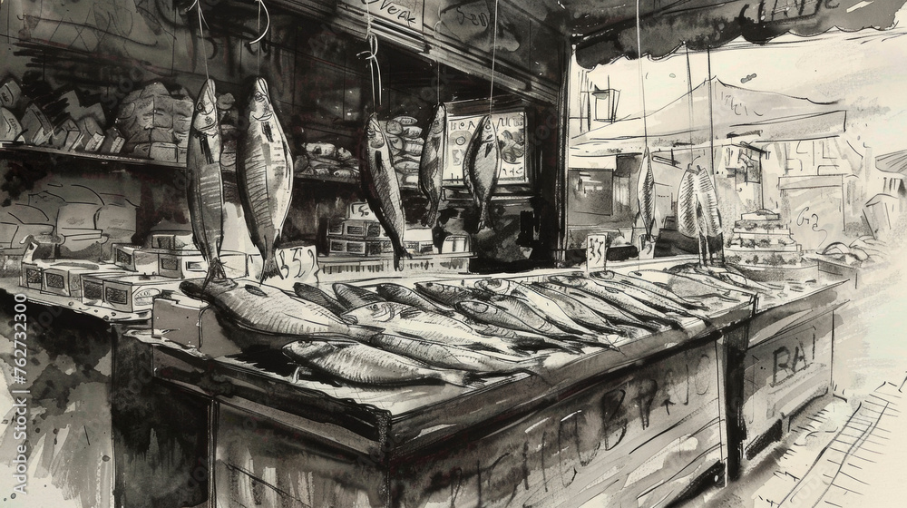 A detailed black and white illustration of a fish stand, showcasing ...