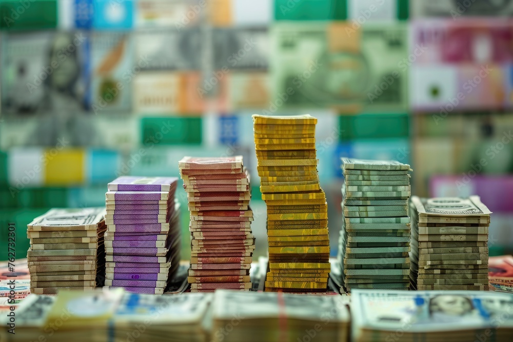 Multiple stacks of money are arranged in vertical alignment, creating a ...