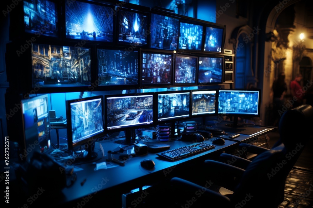 a high tech surveillance hub with advanced monitoring tools and state ...