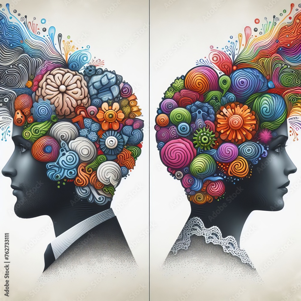 In this visual representation, the heads of two individuals are adorned ...