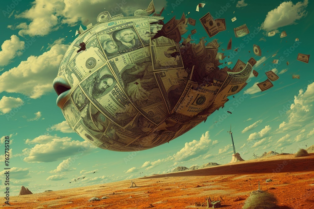 A photograph of a large ball of money suspended in the air, defying ...