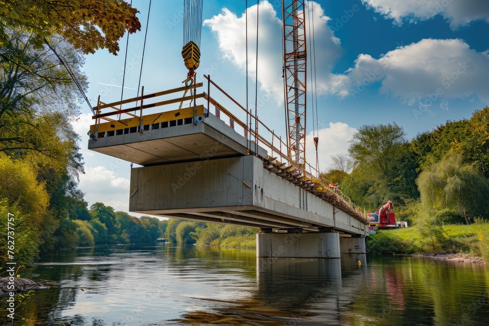 Bridge Over Body of Water With Crane, The process of building a bridge ...
