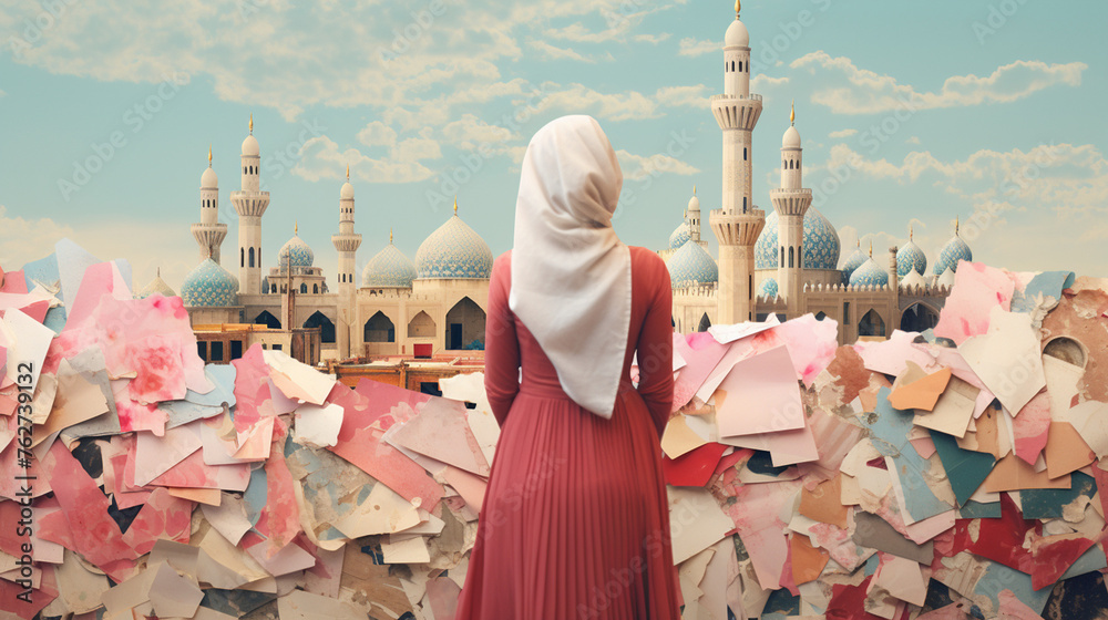 Collage featuring a Muslim girl facing a mosque, crafted from torn ...
