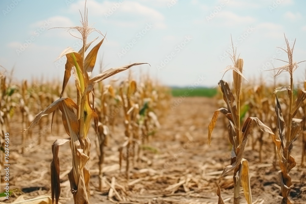 Surviving Cornstalks in Withered Field. Tall cornstalks stand amidst a ...