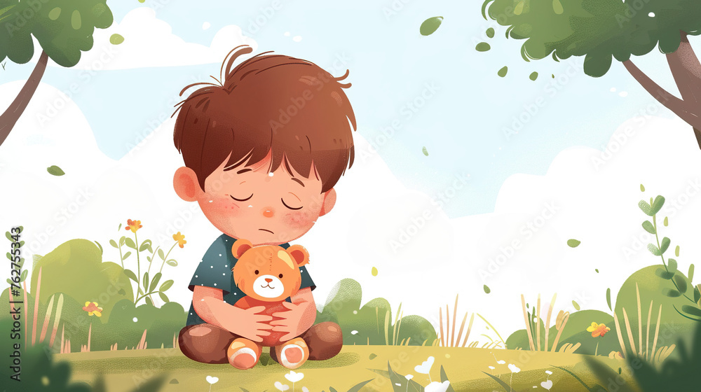 International Missing Children's Day vector. Sad lost boy hugging his ...