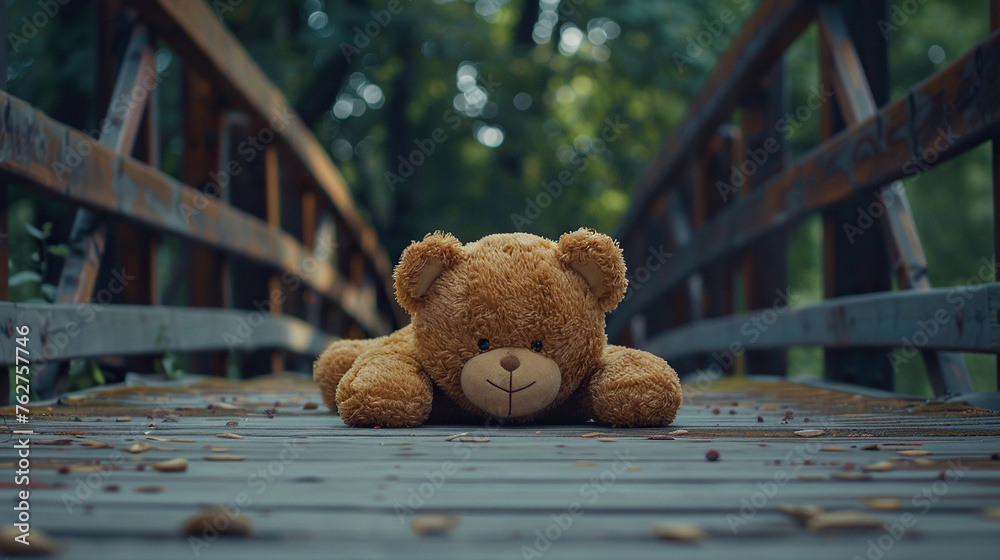 Lost Teddy bear with sad face lying on a bridge with blurry background ...