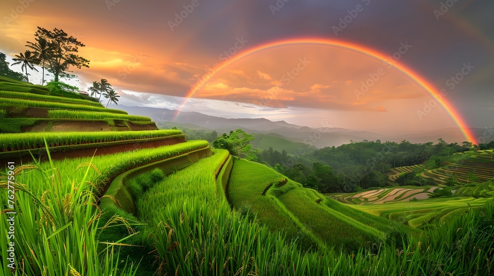 Rice plantation. Green rice paddy field. Rice growing agriculture ...