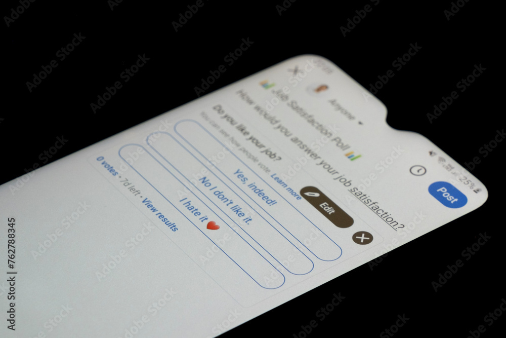 LinkedIn posting a poll screen, smartphone screen with black background, LinkedIn app on android ...