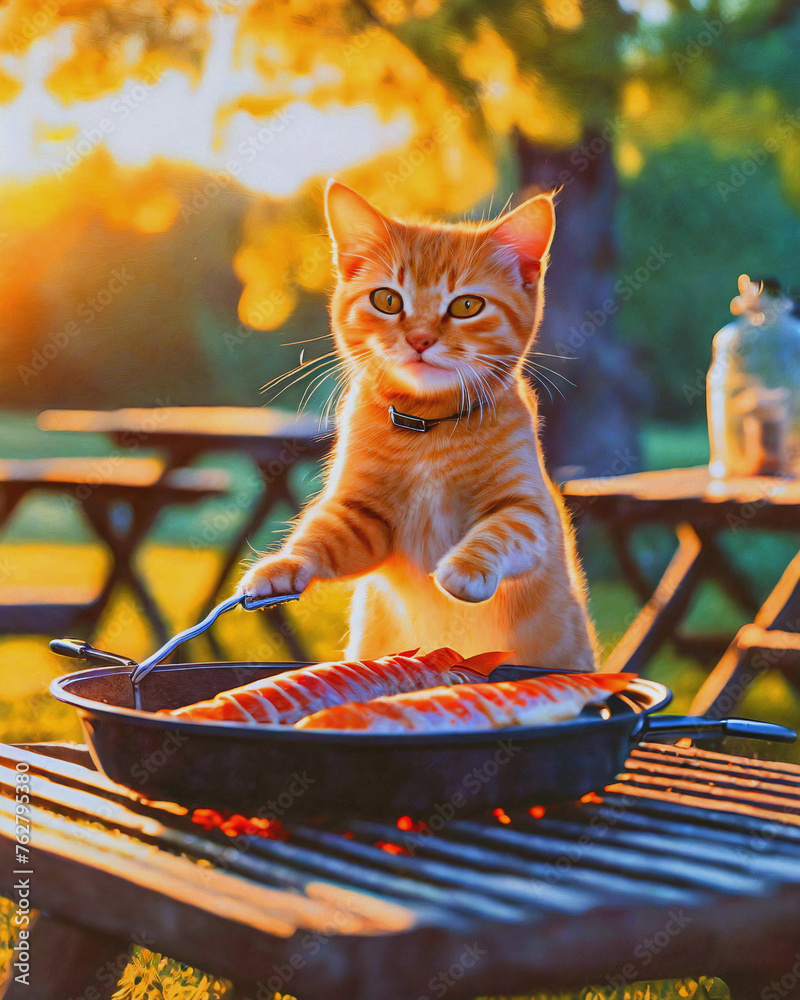Orange Tabby Cat Cooking Fish on a Grill in a Picnic Area Illustration ...