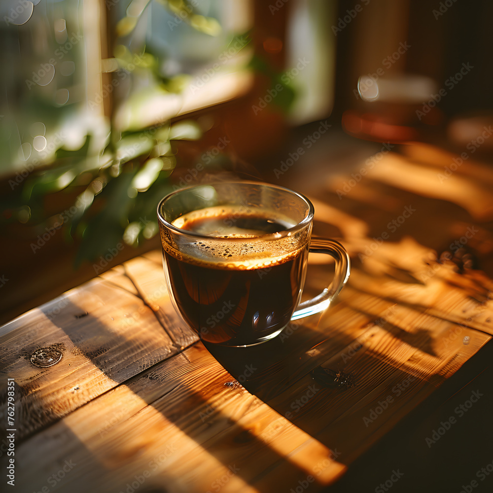 A coffee cup filled with Kona coffee is placed on a rustic wooden table ...