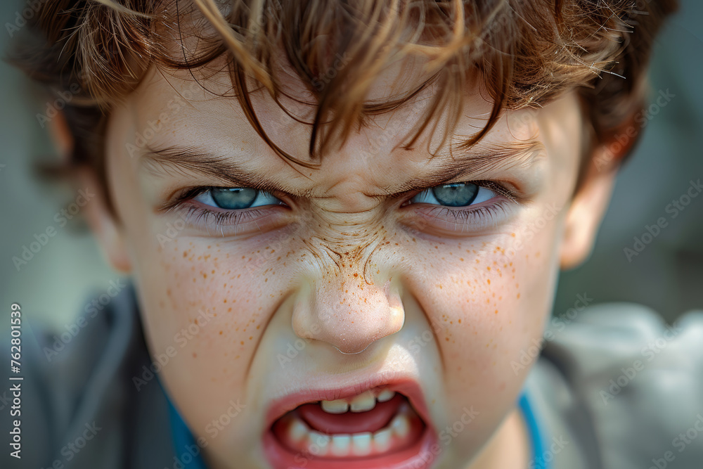 An intense young boy glaring fiercely, eyebrows furrowed in a gesture ...