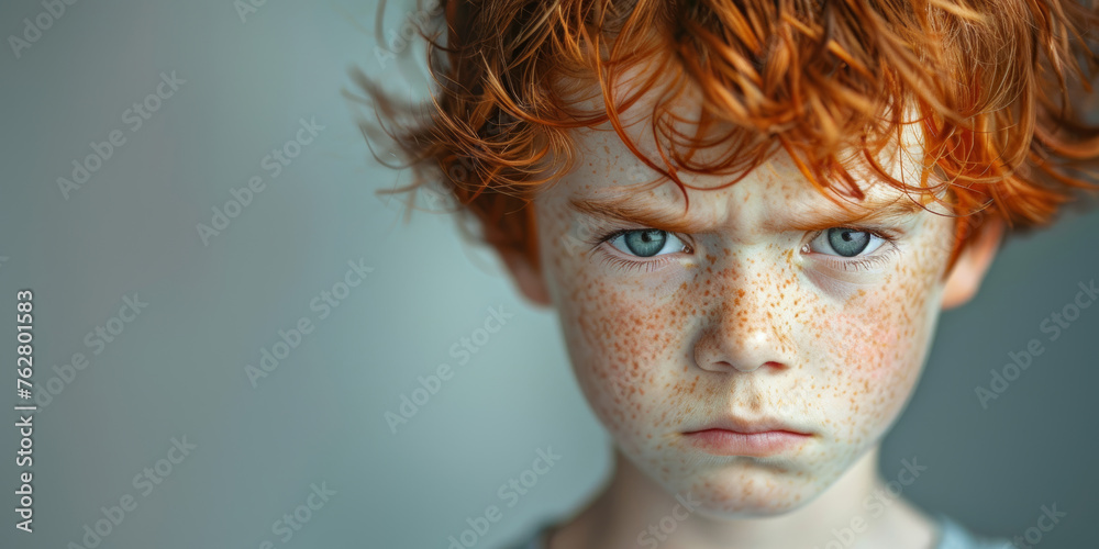 Captivating redhead child with a piercing blue-eyed stare, exuding a ...