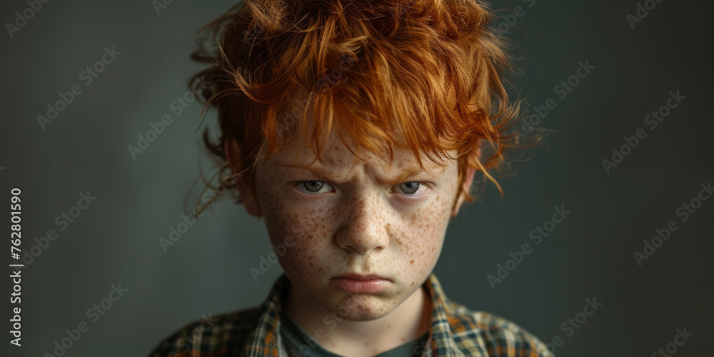 Stern child with rugged freckles, his intense glare exuding a quiet ...