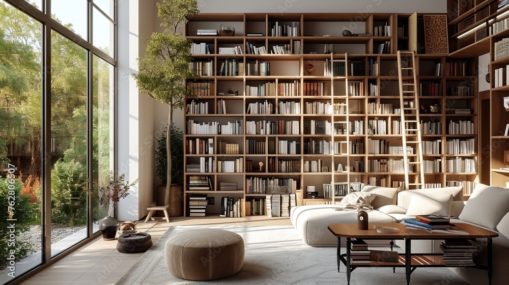 Japandi home library with built-in bookshelves, sliding ladders, and a ...