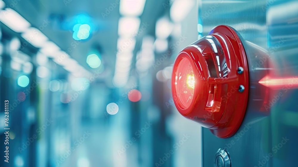 alarm button with clear signage ready for emergency use focus on ...