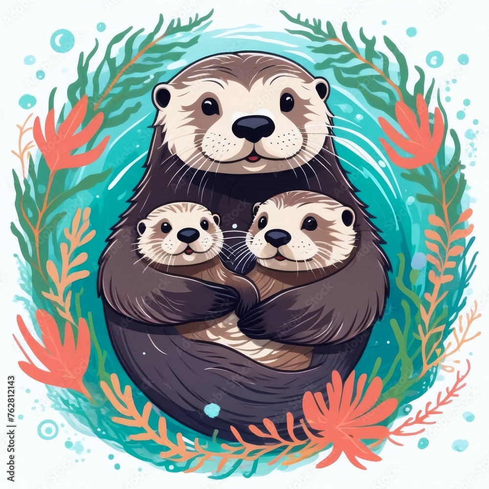 sea otter mom and two baby otters in seaweeds wreath against white background, watercolor ...