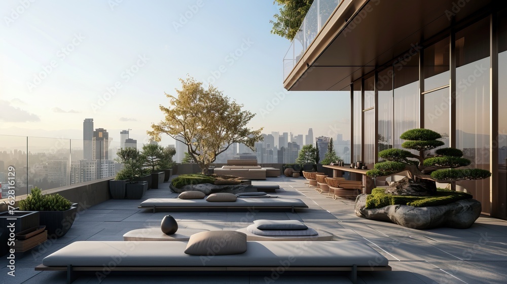 Japandi rooftop lounge with modular seating, bonsai trees, and ...