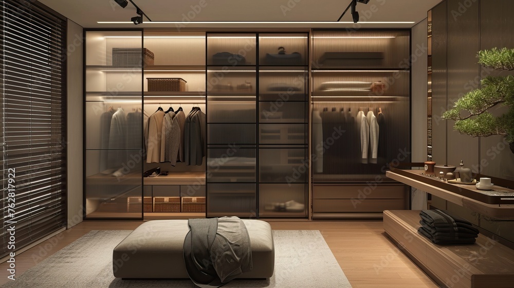 Japandi walk-in closet with low-profile storage, sliding doors, and ...