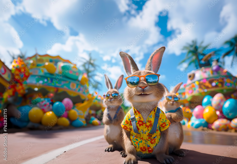 Easter bunnies wearing sunglasses and yellow Hawaiian shirts pose for ...