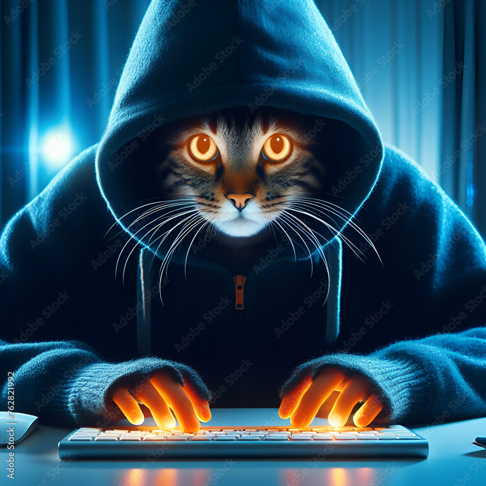 Mysterious Blue Hooded Raincoat Gray Cat Hacker Programmer Developer ...