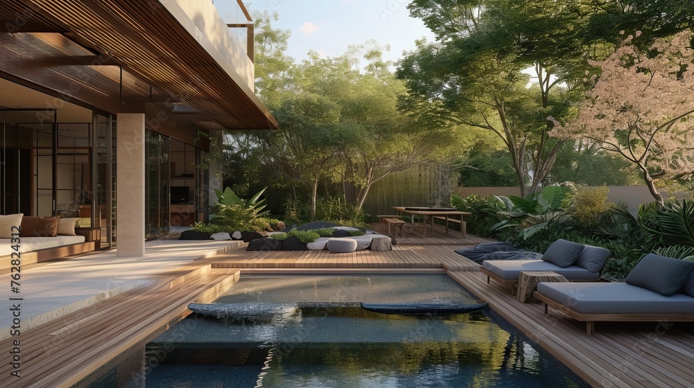 Outdoor pool area with Japandi-style landscaping, wooden decking, and ...